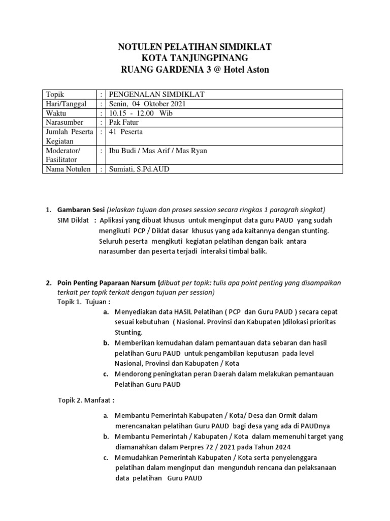 Notulen 2 Pelatihan Simdiklat | PDF