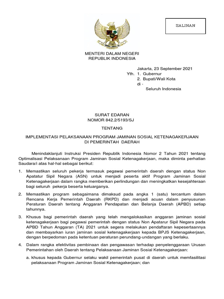 Surat Edaran Mendagri No 842.2 5193 SJ Tahun 2021 | PDF