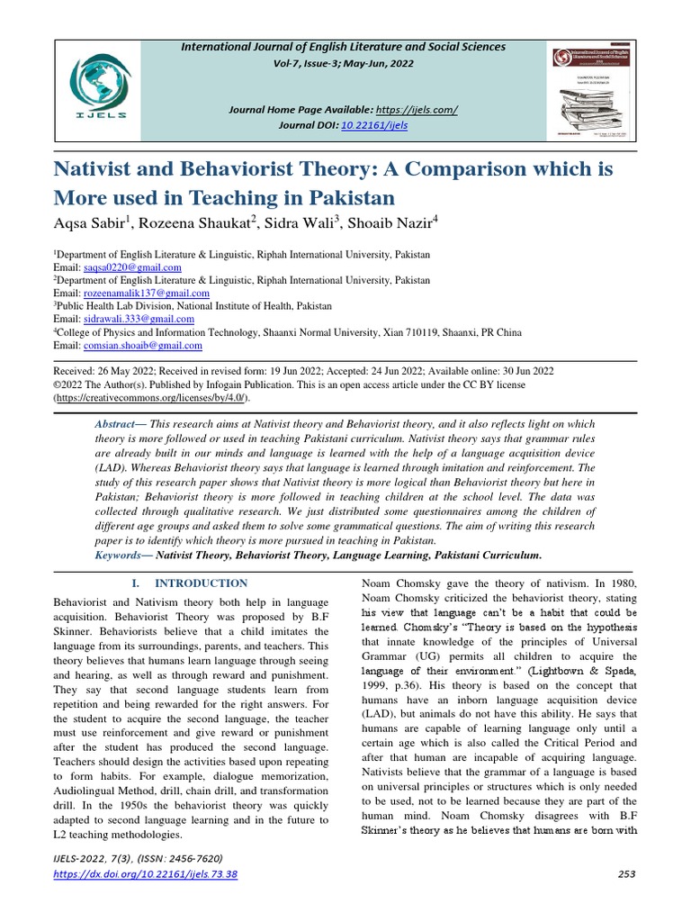 Nativist and Behaviorist Theory: A Comparison Which Is More Used in ...