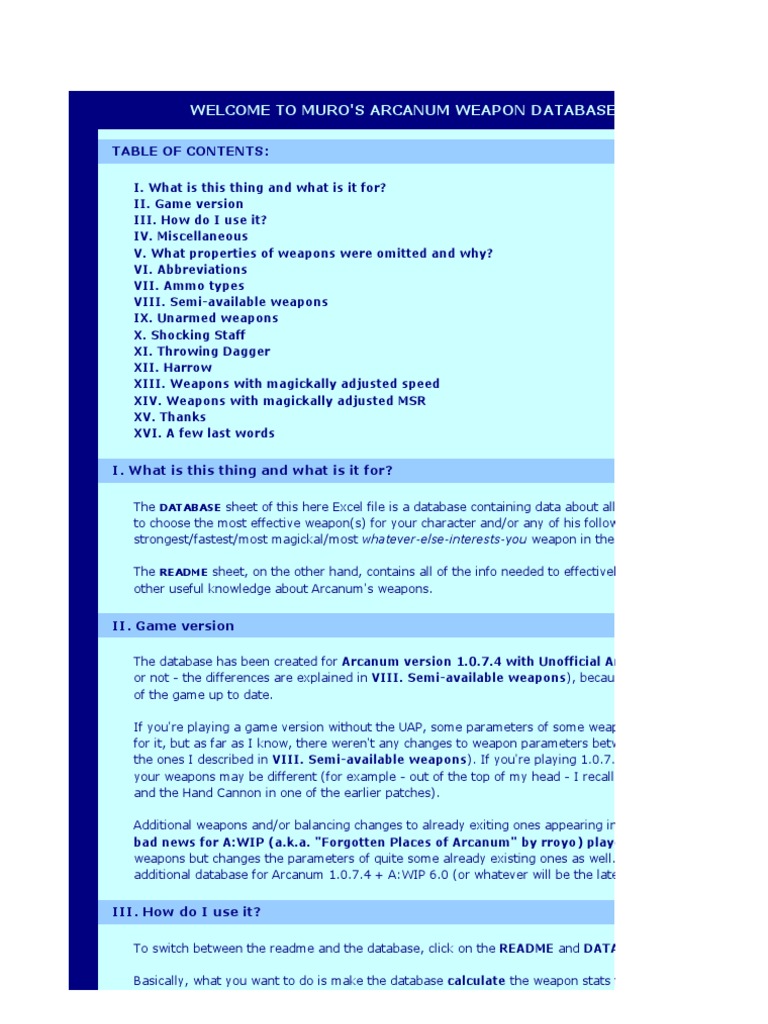 Muro's Arcanum Weapon Database Version 1.0 | PDF | Sword | Gun