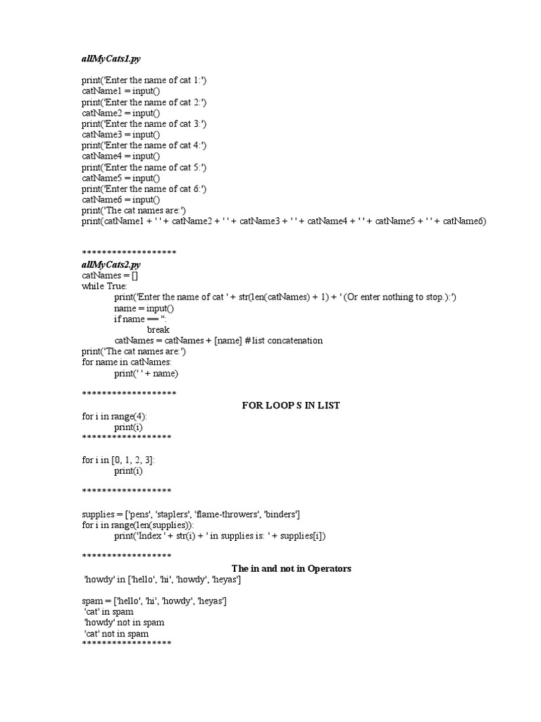 Allmycats1.Py: For Loop S in List | PDF | Computer Programming ...