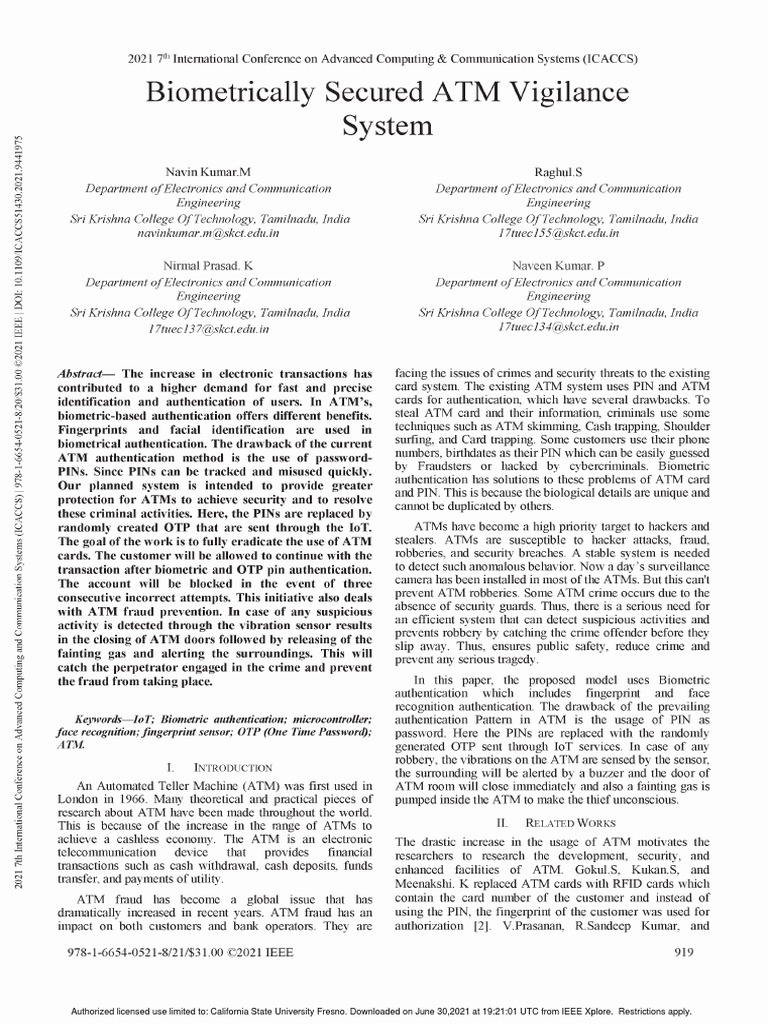 Biometrically Secured ATM Vigilance System | PDF | Automated Teller Machine | Biometrics