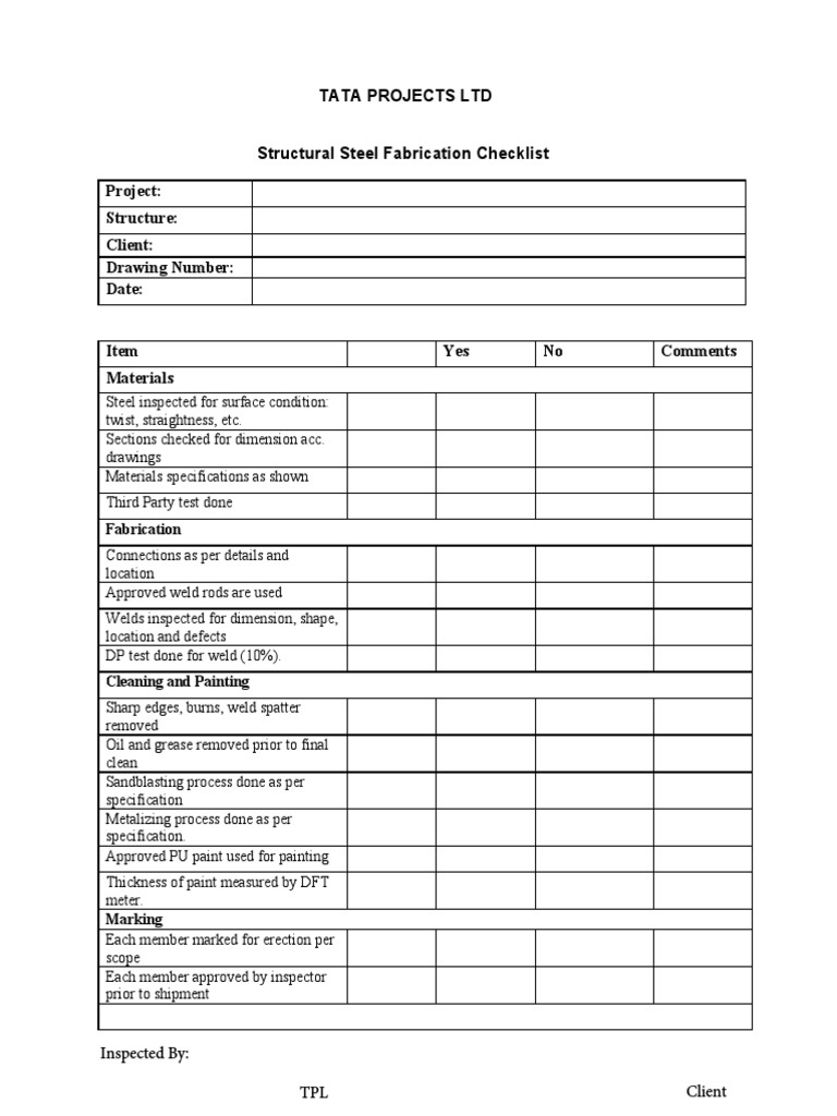 Tata Projects LTD Structural Steel Fabrication Checklist Project ...