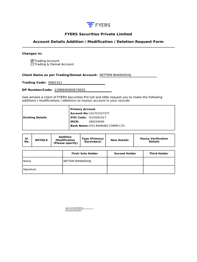 FYERS Securities Private Limited Account Details Addition / Modification / Deletion Request Form ...
