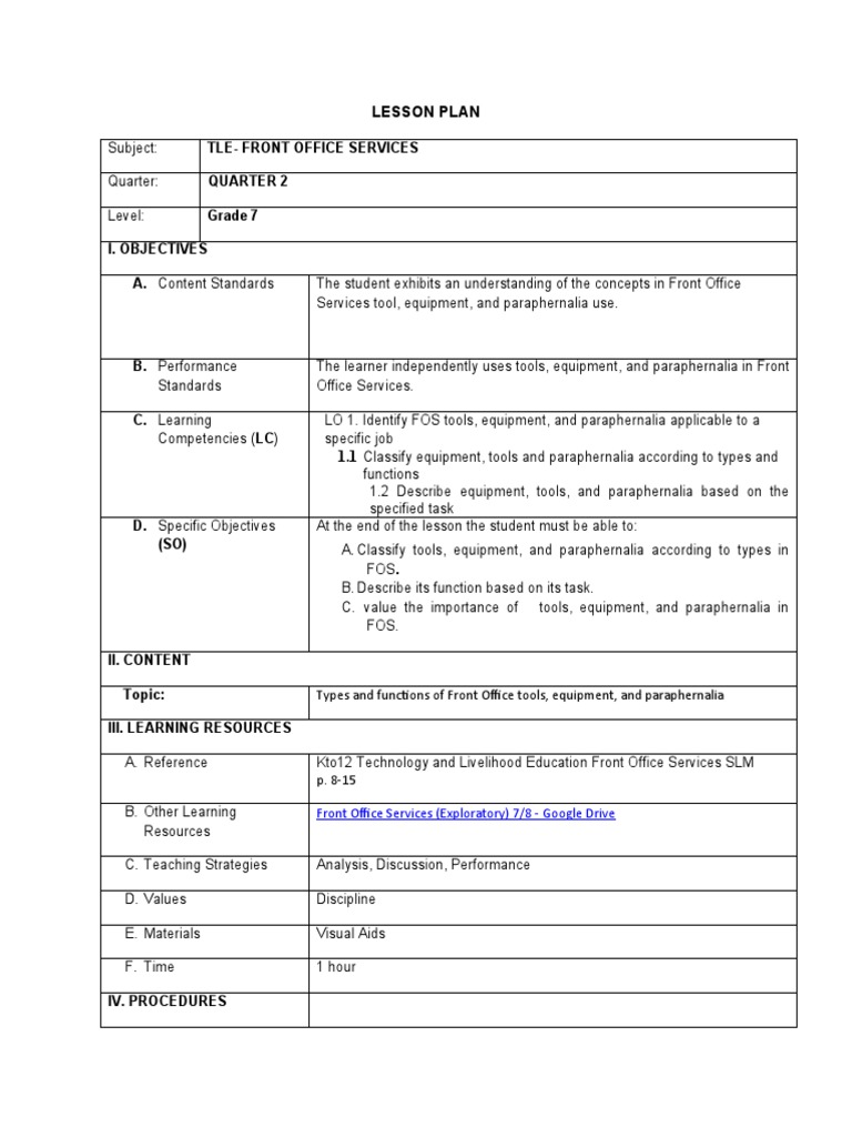 Lesson Plan Front Office 7 | PDF | Lesson Plan | Neuropsychological ...