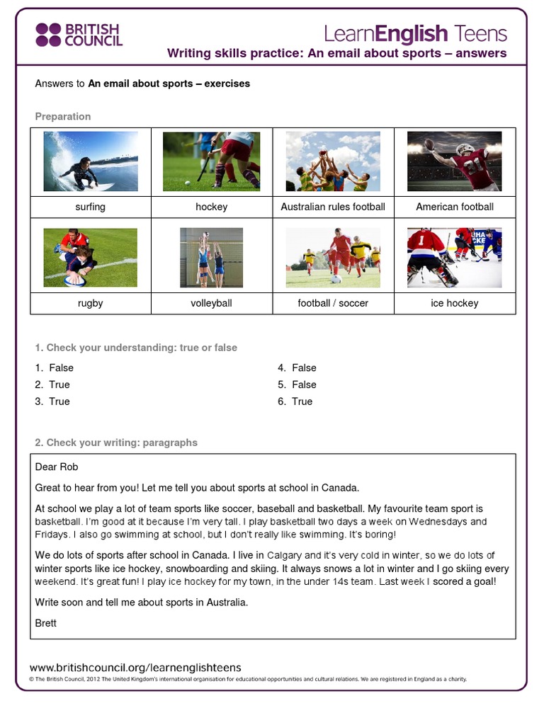Writing Skills Practice: An Email About Sports - Answers: Preparation | PDF
