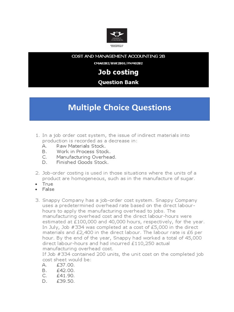 Multiple Choice Questions: Job Costing | PDF | Cost | Business
