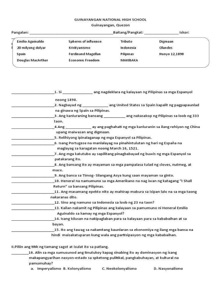 Test Paper 4th Grading Summative | PDF