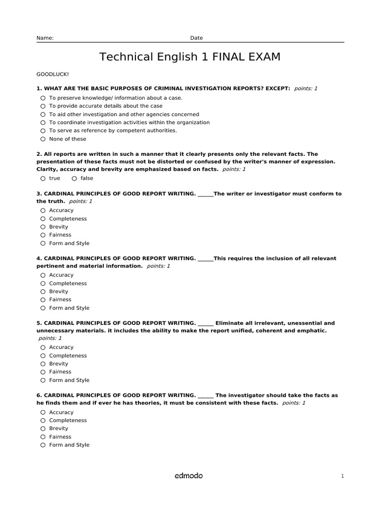 Technical English 1 FINAL EXAM | PDF | Police | Crimes