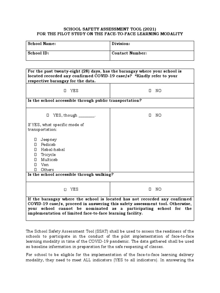 School Safety Assessment Tool SSAT | PDF | Personal Protective ...
