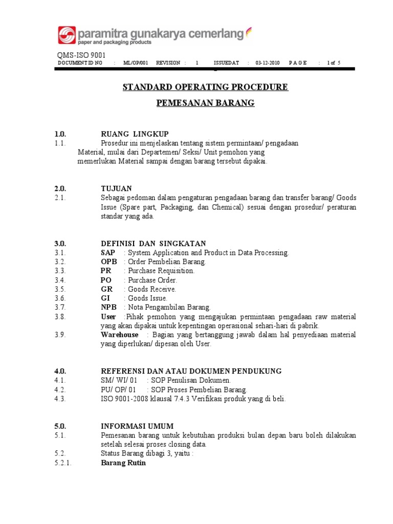 ML-OP-001-Rev 01 Standar Pemesanan Barang | PDF | Teknologi & Rekayasa