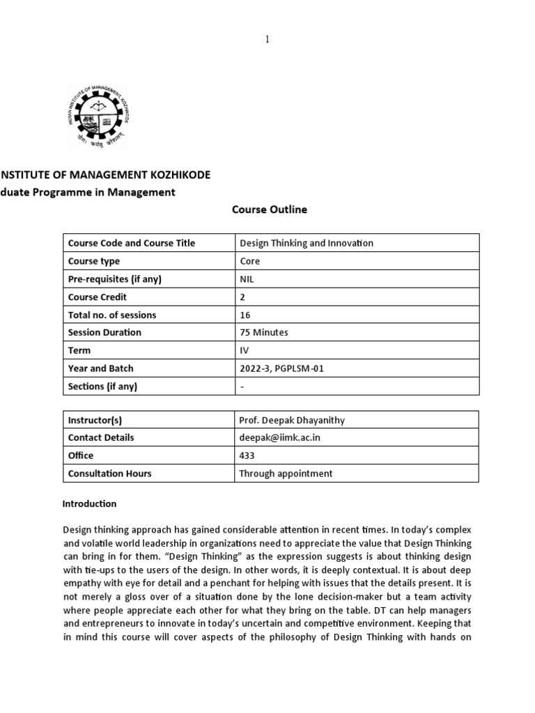 Design Thinking and Innovation Course Outline | PDF | Design Thinking ...