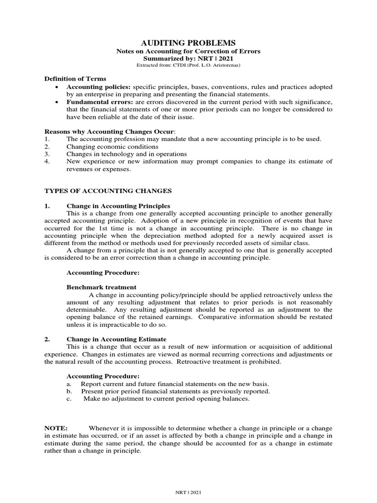 Notes in Auditing Problems - Correction of Errors | PDF | Accounting ...