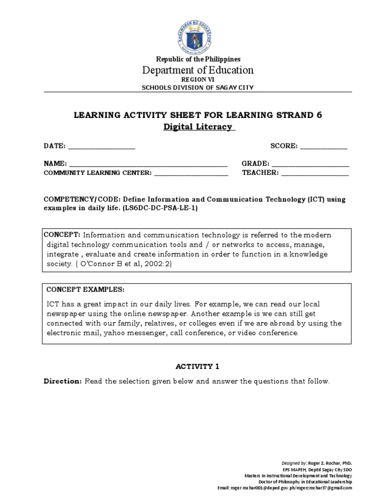 Department of Education: Learning Activity Sheet For Learning Strand 6 ...