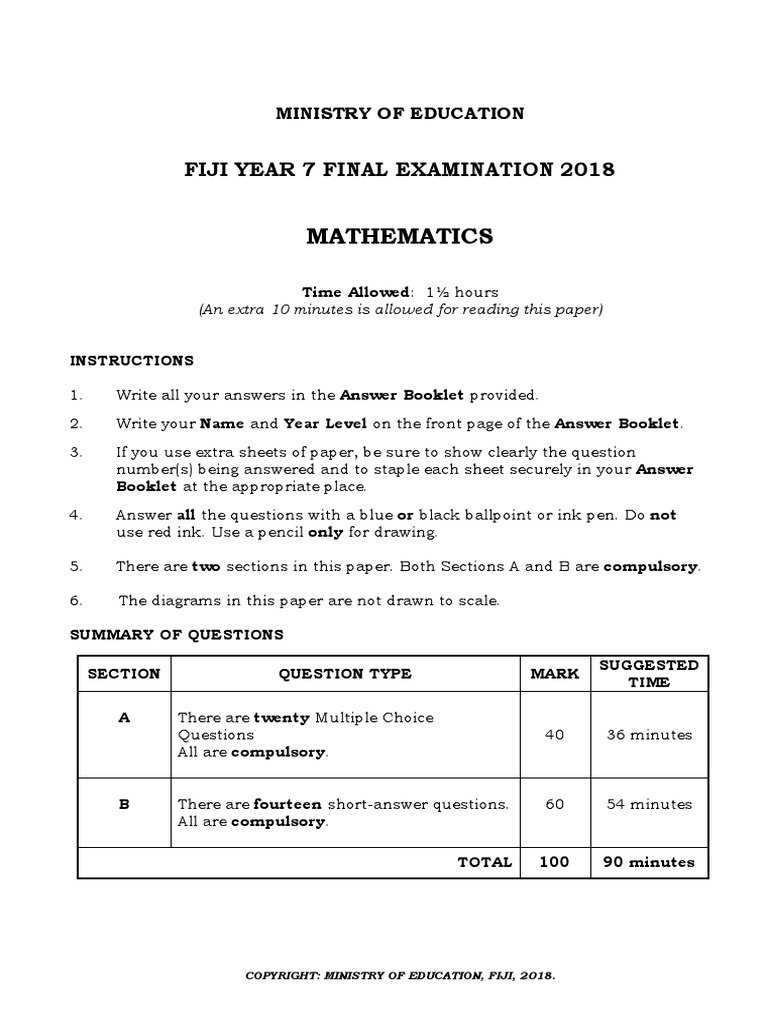Mathematics: Fiji Year 7 Final Examination 2018 | PDF | Test ...