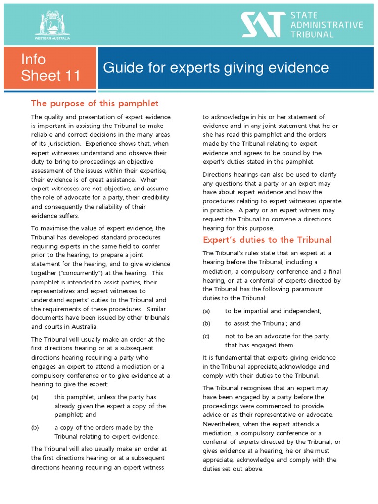 Guide For Experts Giving Evidence Info Sheet 11: The Purpose of This ...