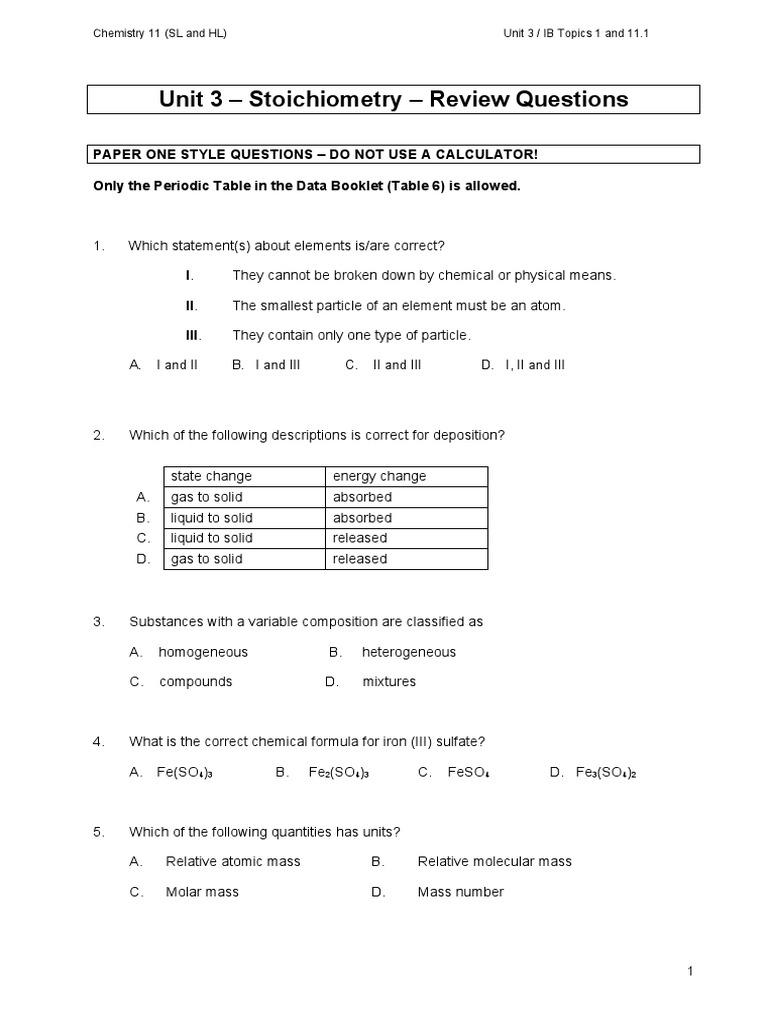 IB Chemistry Stoichiometry Review Questions | PDF | Gases | Mole (Unit)