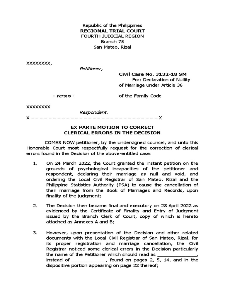 Sample Motion To Correct Clerical Error in Court Decision | PDF ...