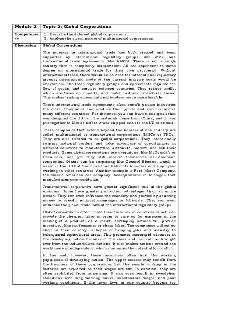 Ge 3.contemporary World.m2t2 | PDF | Multinational Corporation | Trade Agreements