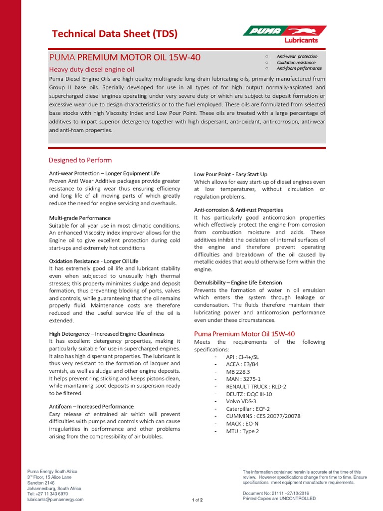 Technical Data Sheet (TDS) : Puma Premium Motor Oil 15W-40 | PDF ...