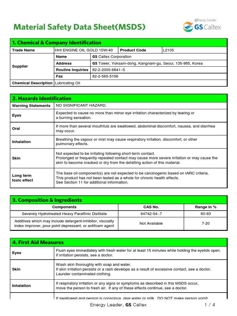 MSDS (E) - Hhi Engine Oil Gold 15W 40 | PDF | Firefighting | Chemistry