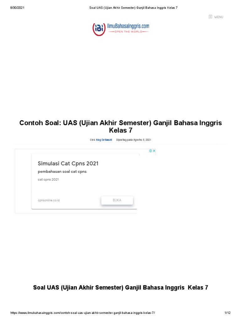 Soal UAS (Ujian Akhir Semester) Ganjil Bahasa Inggris Kelas 7 | PDF