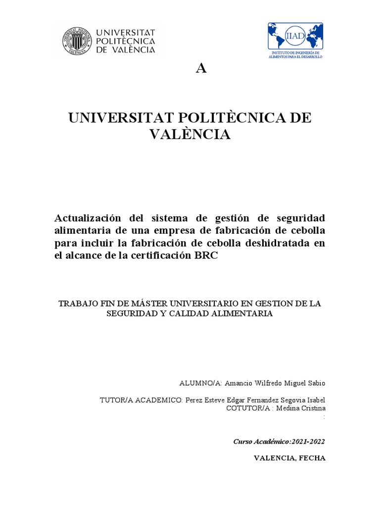 TFM Borrador | PDF | Análisis de Riesgo y Puntos Críticos de Control | Ciencia de los Alimentos