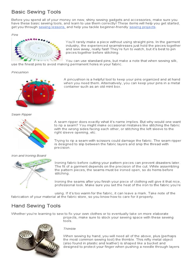 Basic Sewing Tools: Sewing Lessons, Sewing Projects | PDF | Sewing ...