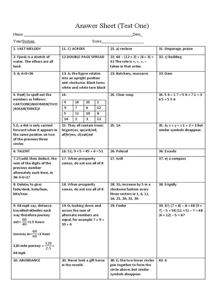 IQ Test Answer Sheet | PDF