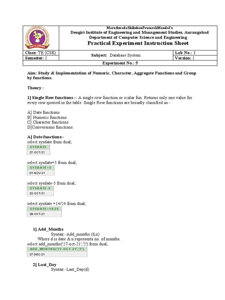 Experiment 5 - Functions in DBMS | PDF | Data Management | Databases Experiment 5 - Functions in DBMS | PDF | Data Management | Databases