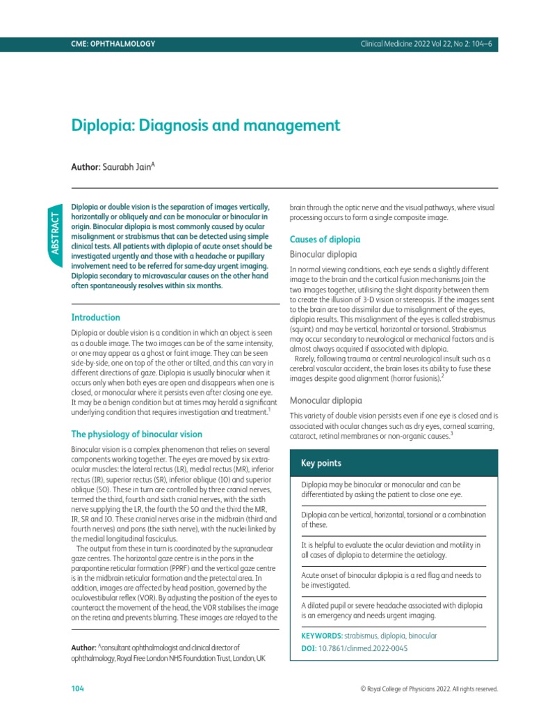 Diplopia: Diagnosis and Management: Author: Saurabh Jain | PDF ...