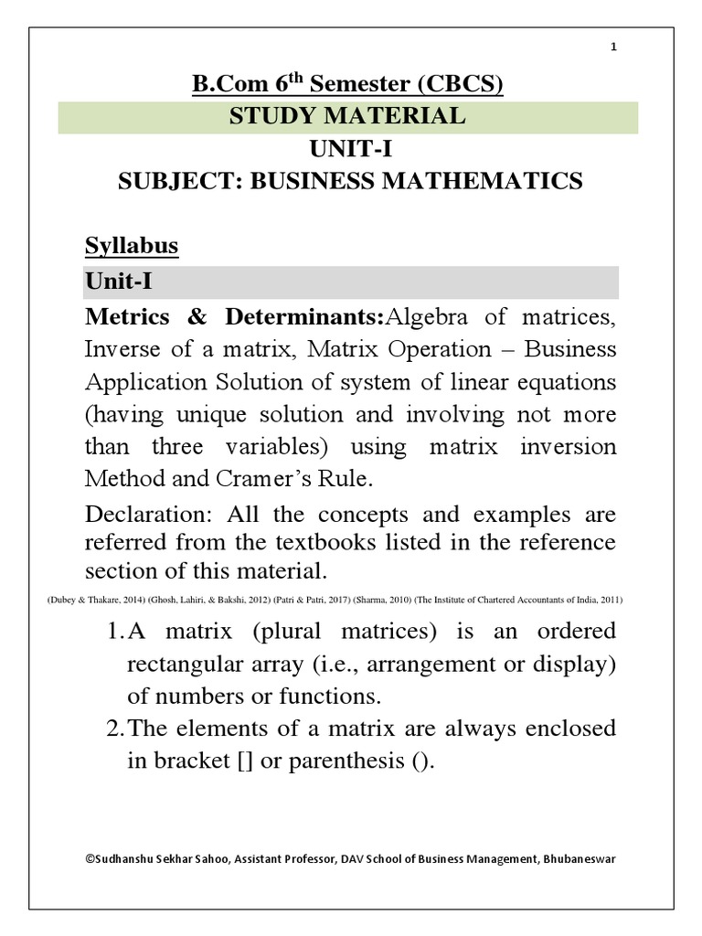 B.Com 6th Sem Business Mathematics Study Materials - Unit-1 To Upload ...