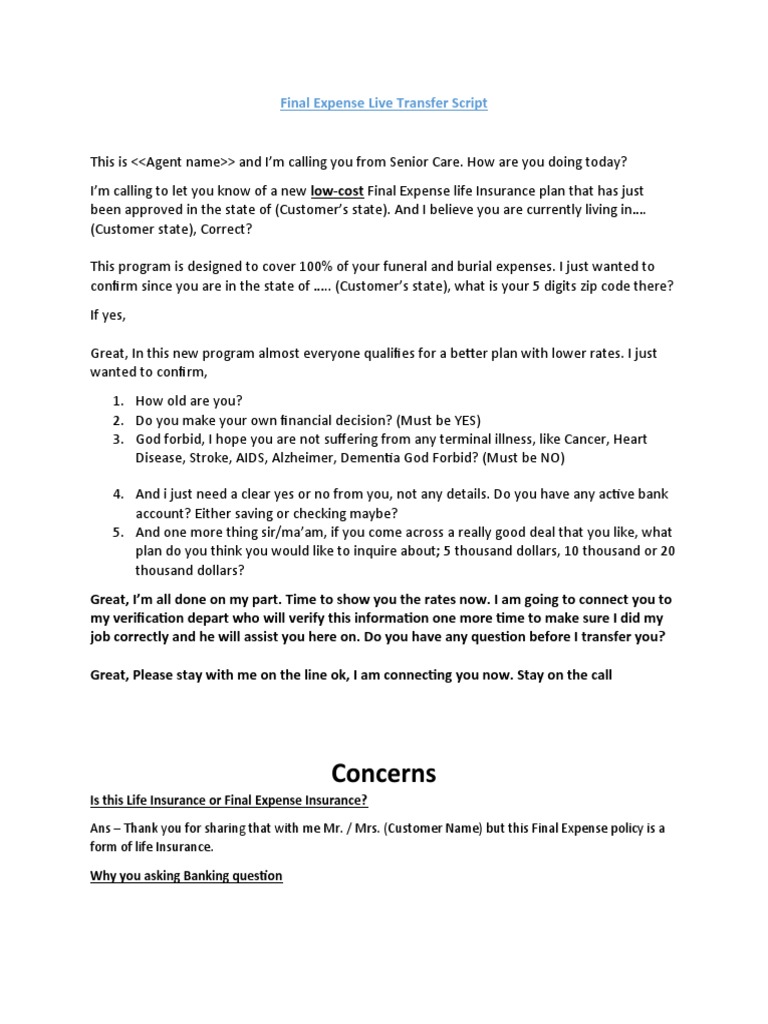 Concerns: Final Expense Live Transfer Script | PDF | Insurance | Health ...