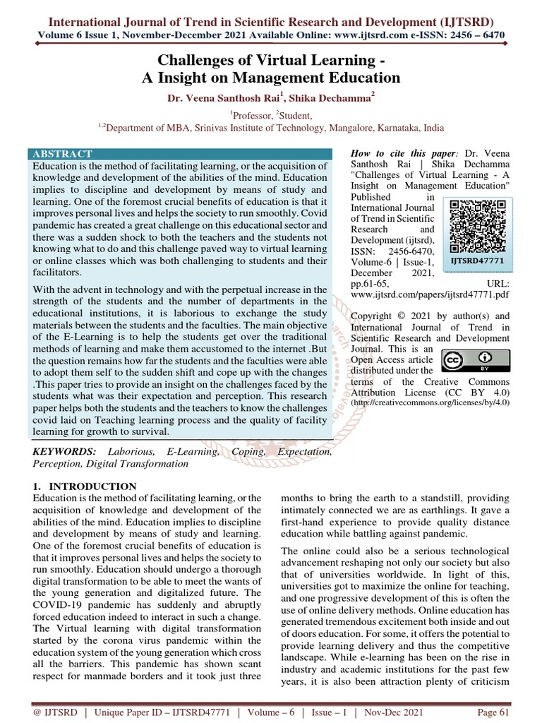 Challenges of Virtual Learning A Insight On Management Education | PDF ...