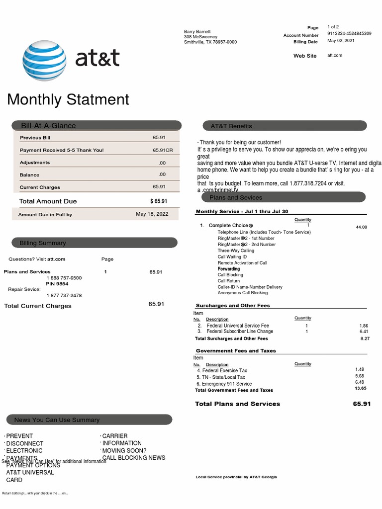 Monthly Statment: Bill-At-A-Glance | PDF | At&T | Telecommunications