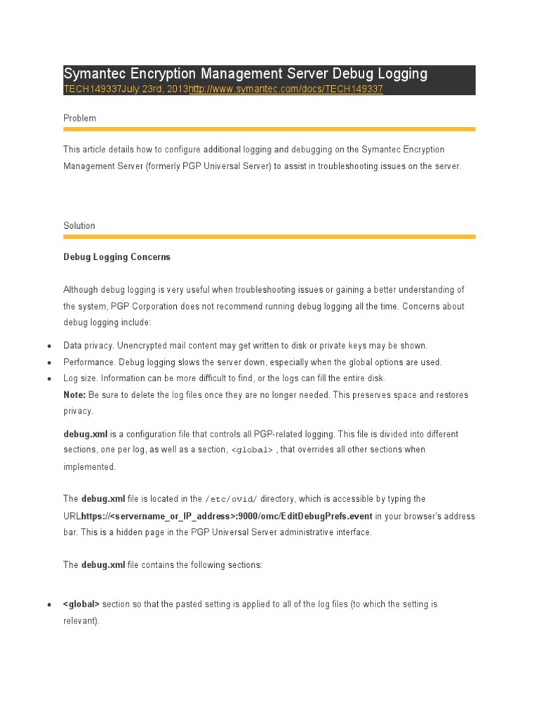 Symantec Encryption Management Server Debug Logging | PDF | Computer ...