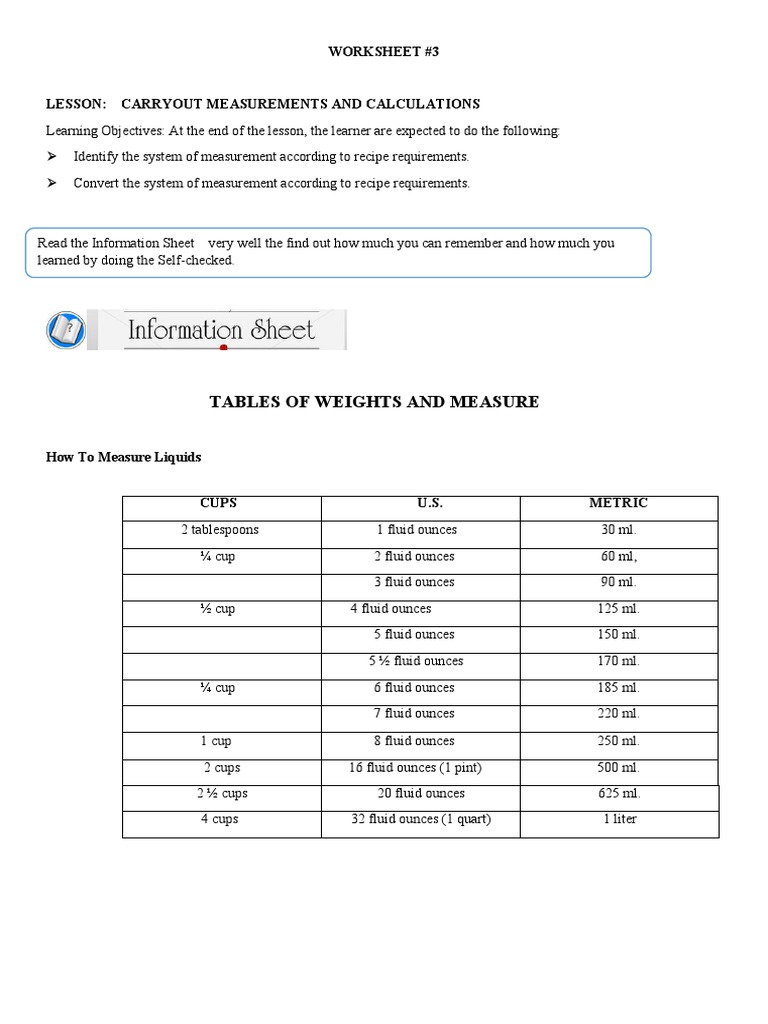 Tables of Weights and Measure: Worksheet #3 Lesson: Carryout ...