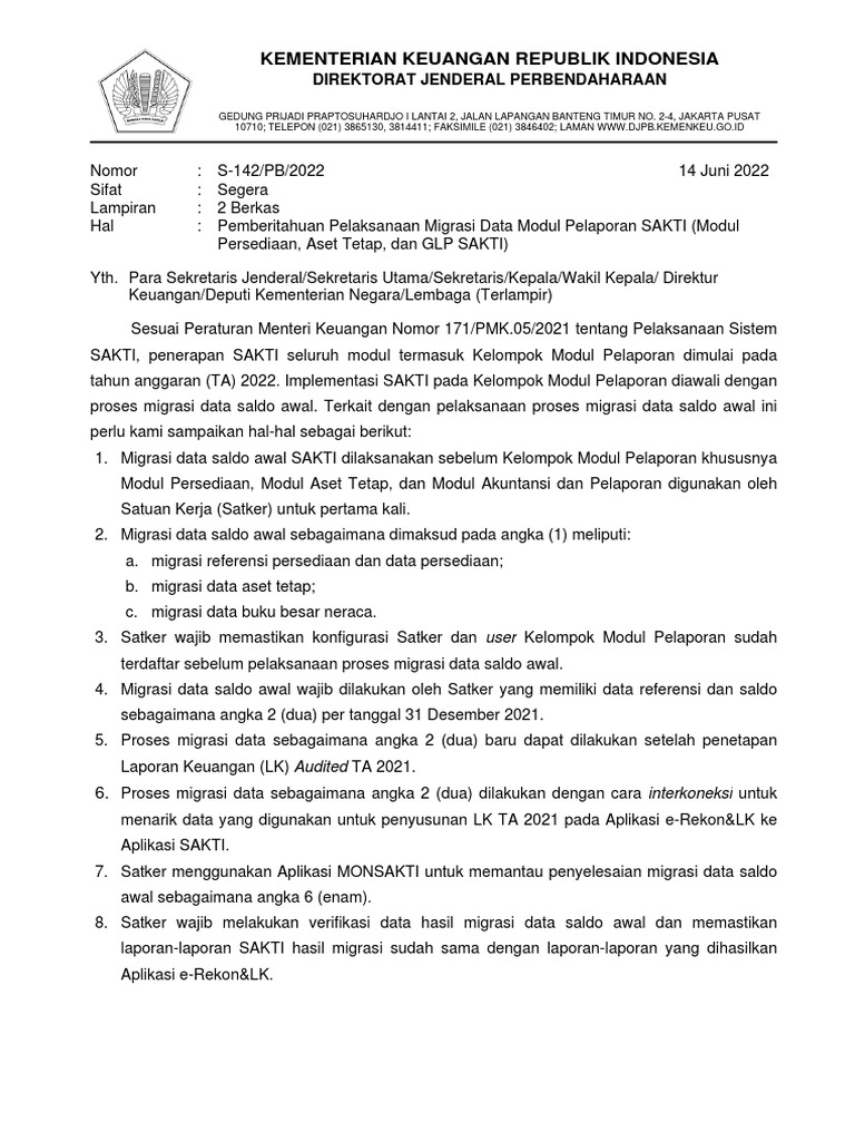 S-142 - PB - 2022 - Surat Pelaksanaan Migrasi - Juknis Migrasi | PDF