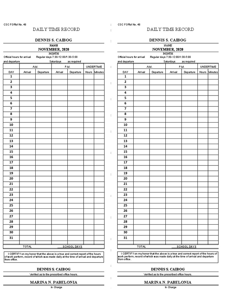 CSC Daily Time Record Form | PDF