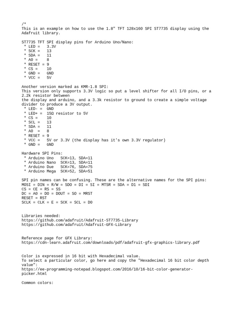 Display TFT SPI ST7735 | PDF | Arduino | String (Computer Science)