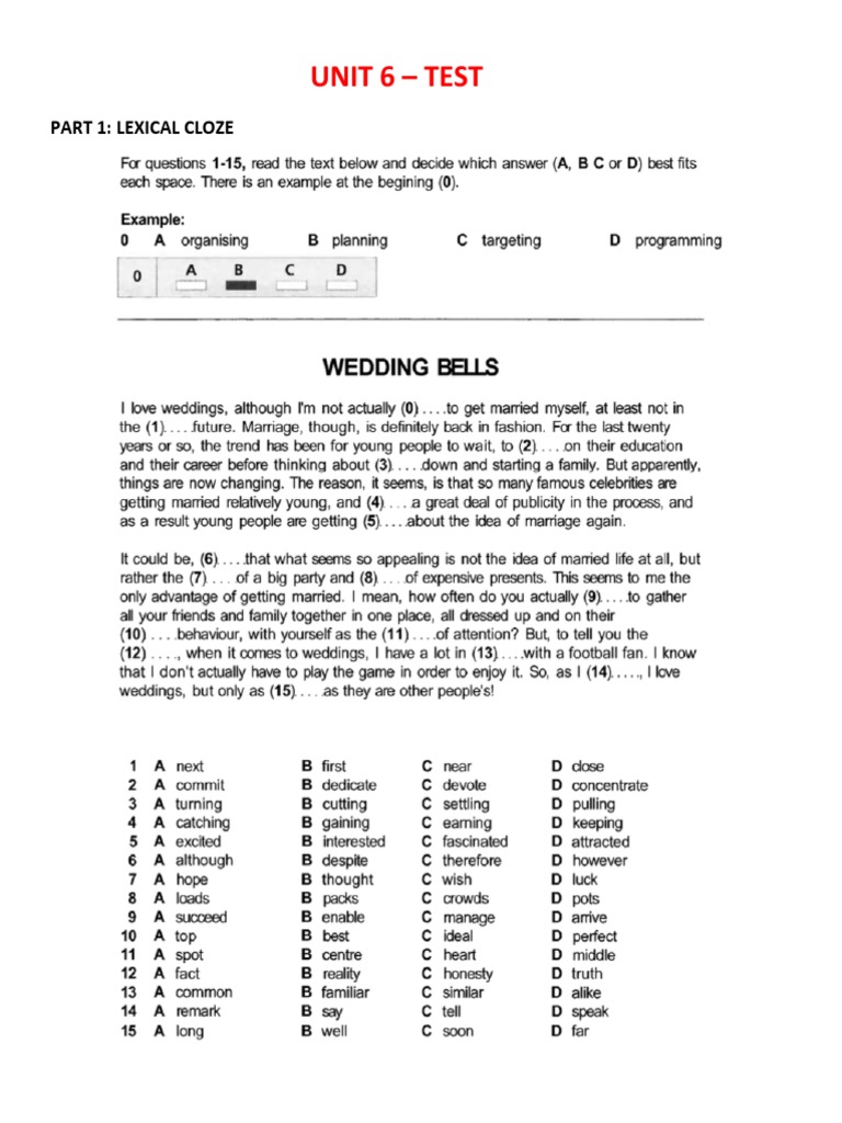 Unit 6 - Test: Part 1: Lexical Cloze | PDF