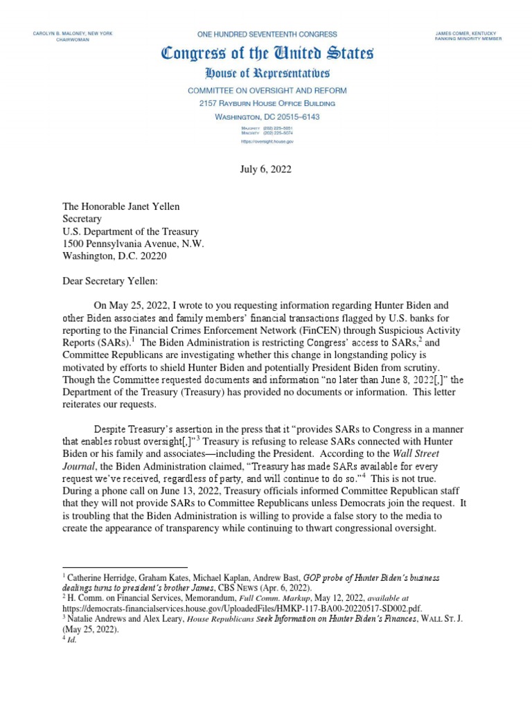 Follow-Up Letter To Treasury 070622 | PDF | Government