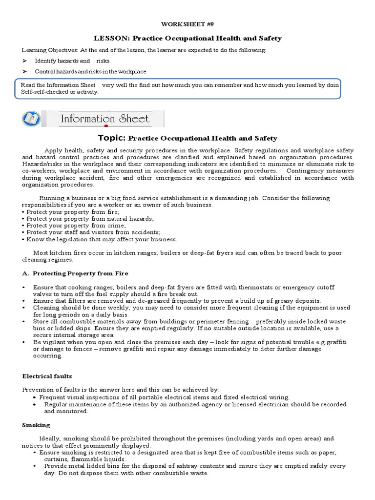 Topic:: LESSON: Practice Occupational Health and Safety | PDF ...