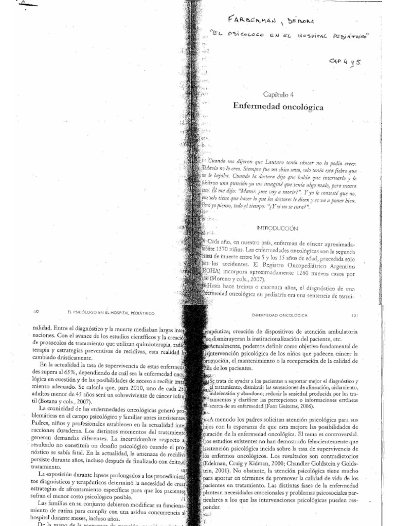 Farberman. El Psicólogo en El Hospital Pediátrico. Cap. 4 Enfermedad Oncológica | PDF