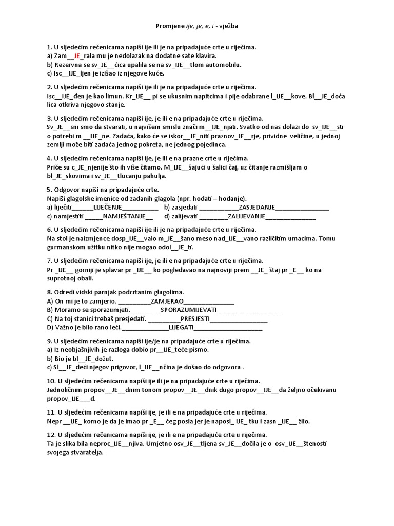 Promjene Ije, Je, E, I - Vježba | PDF
