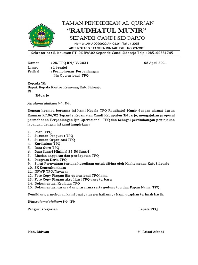 Permohonan Perpanjangan Ijin TPQ | PDF