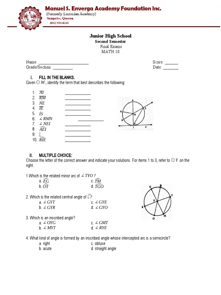 Junior High School: Second Semester | PDF | Circle | Euclidean Geometry