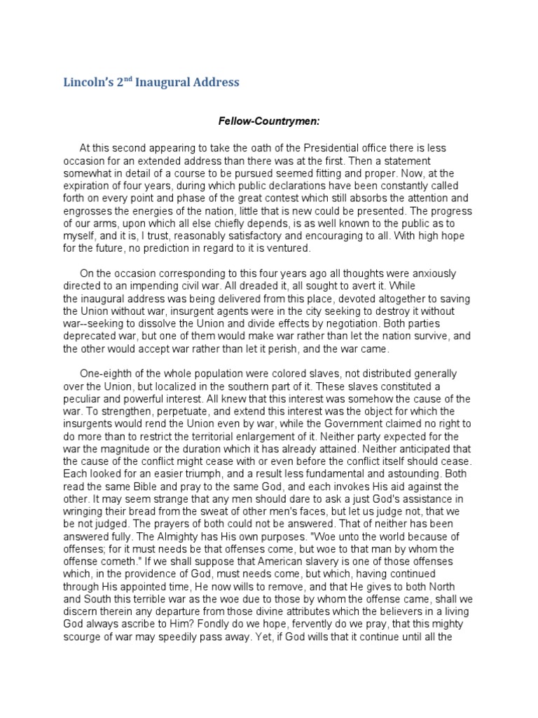 Lincoln's 2 Inaugural Address: Fellow-Countrymen | PDF | Politics ...