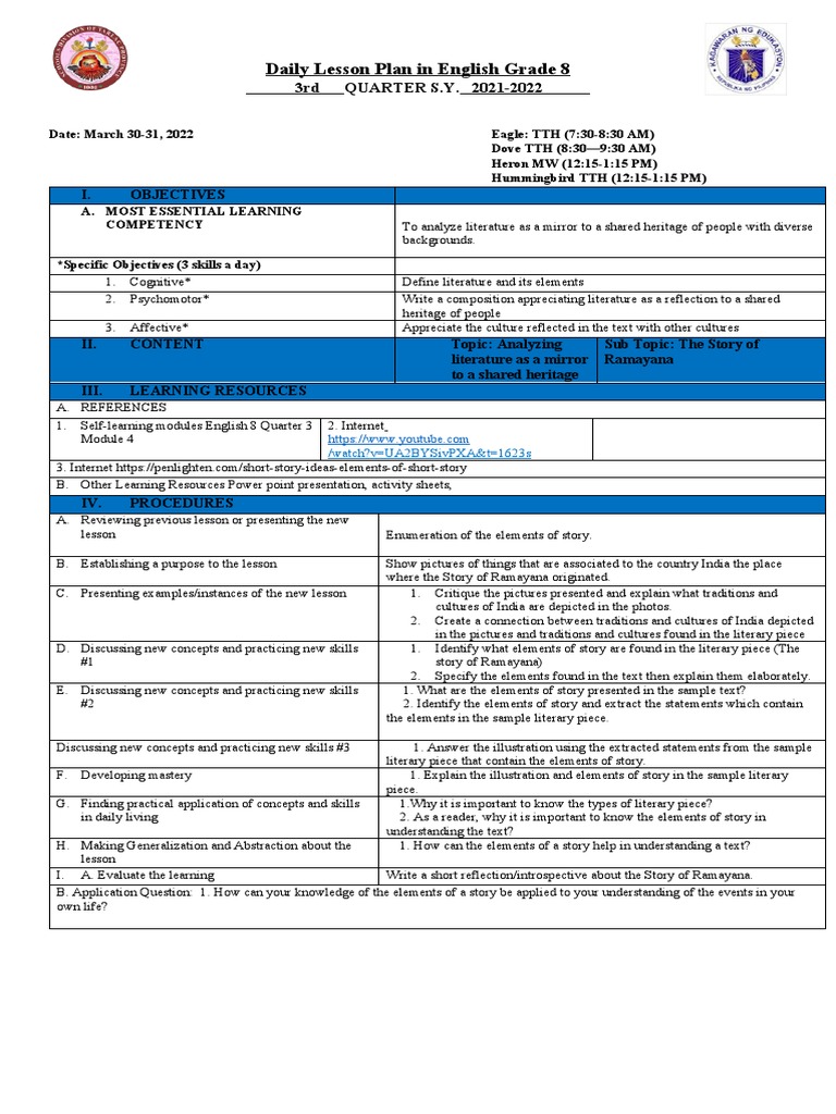 Daily Lesson Plan in English Grade 8 (Quarter 3-Module 4) (Continuation) | PDF | Learning ...