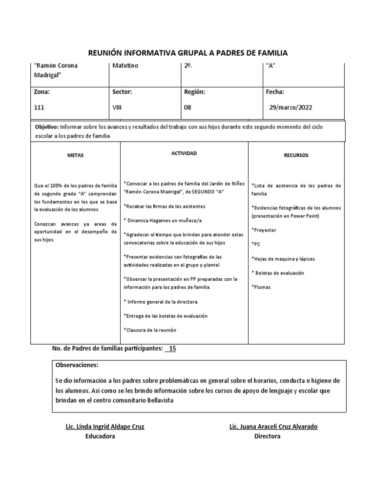 Formato Reunion de Padres 2022 | PDF | Educación de la primera infancia